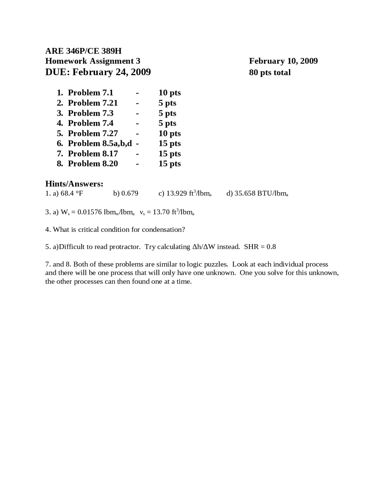 Homework 3 Problems For Building Environmental Systems Are 346n Docsity