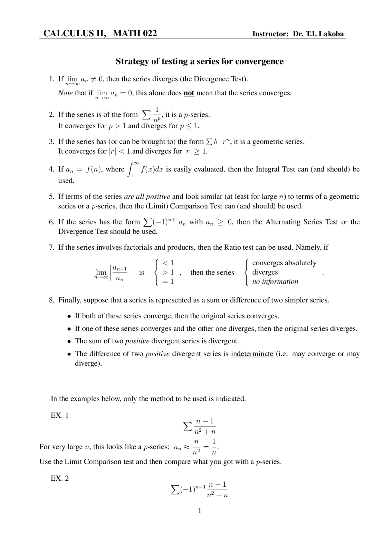 Strategy Of Testing A Series For Convergence Math 022 Docsity
