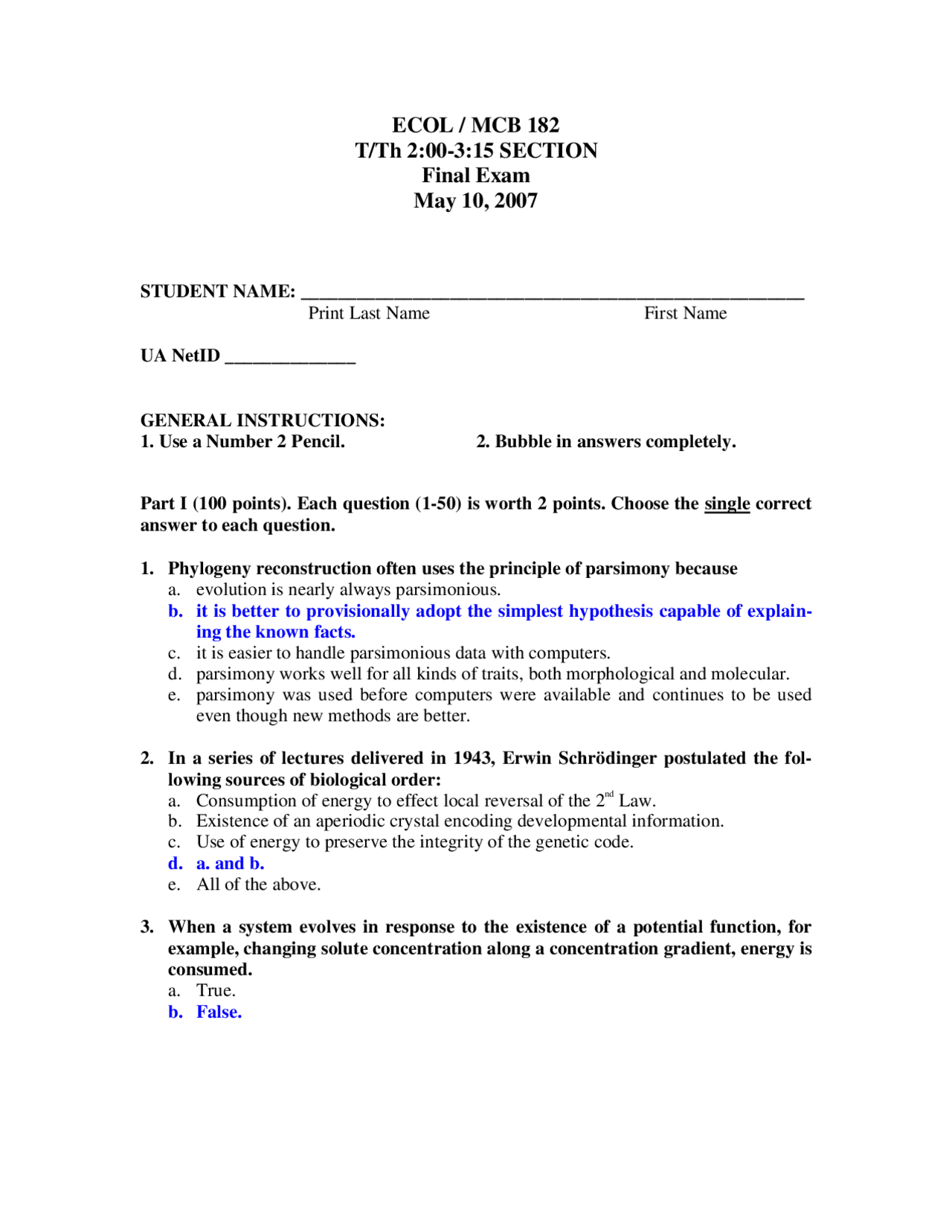60 Multiple Choice Questions With Answers Introductory Biology Ii