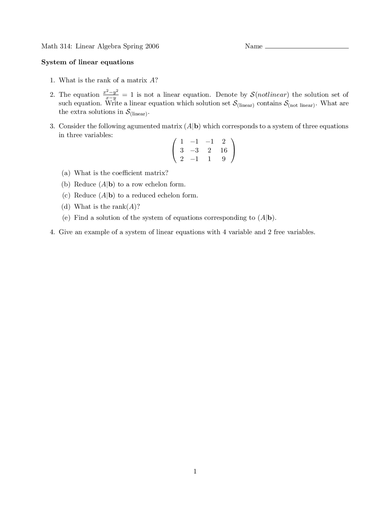 Unsolved Quiz 2 Applied Linear Algebra Math 314 Docsity