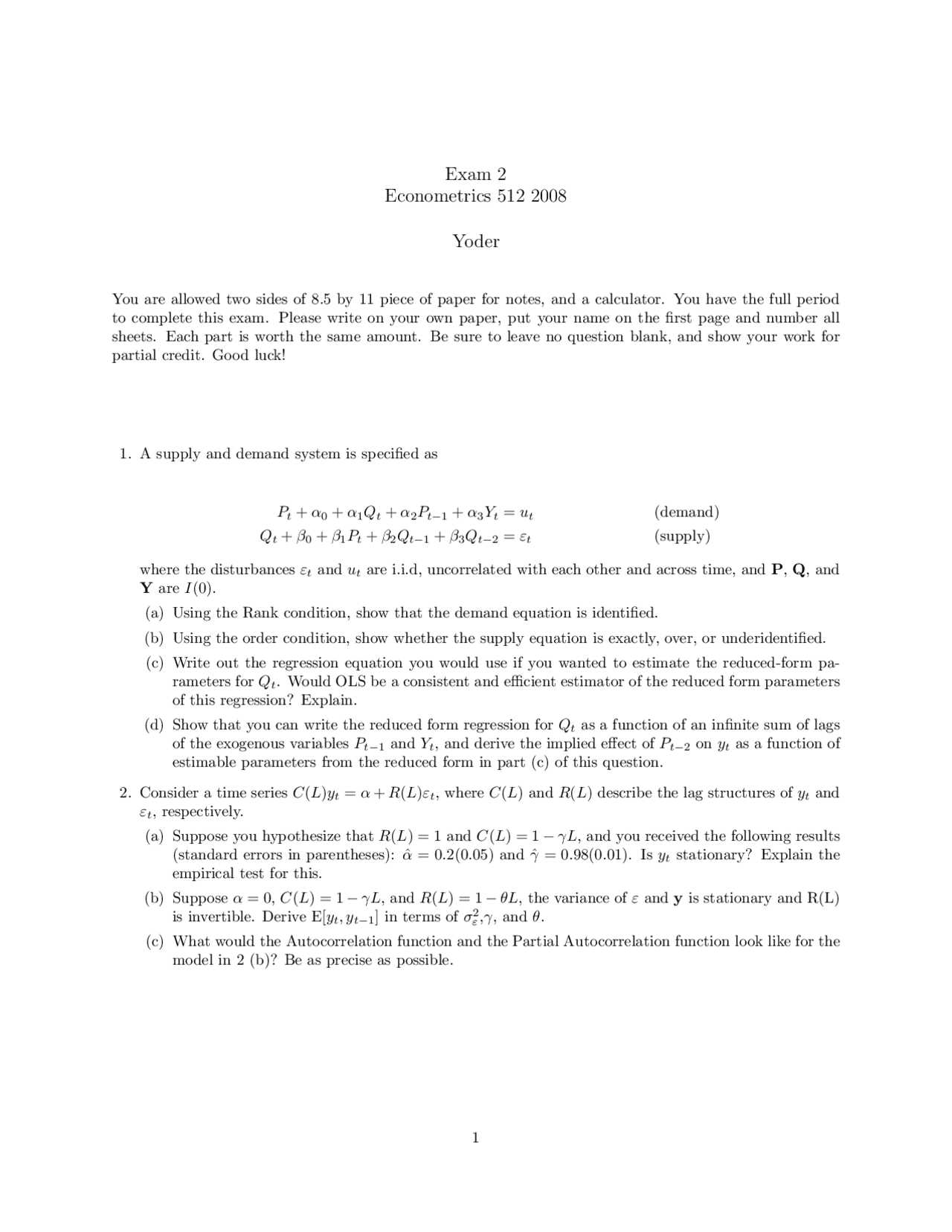 Exam 2 For Econometrics Ii 2008 Econs 512 Docsity