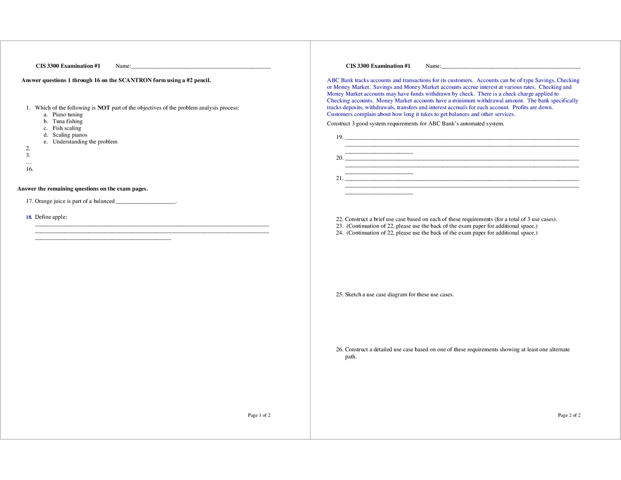 Exam Answer The Question System Analysis Cis 3300 Exams Information Systems Analysis And