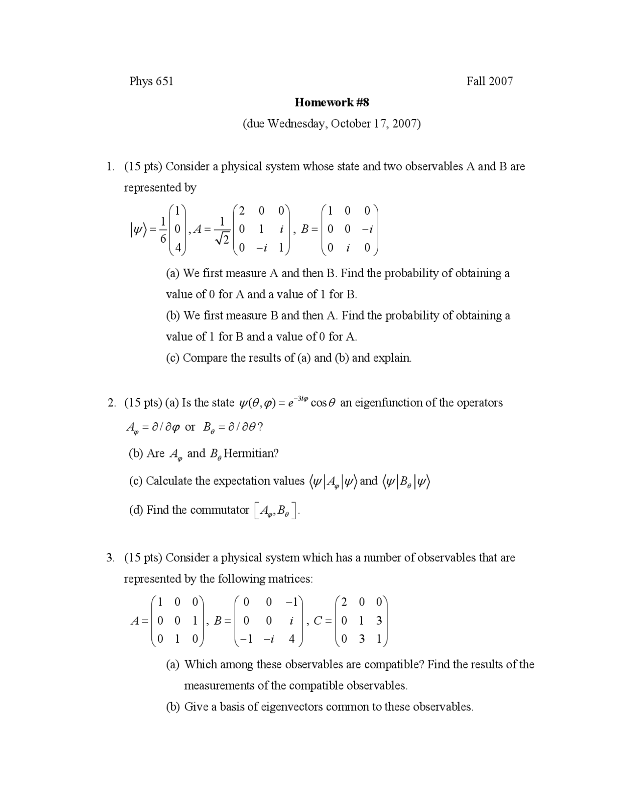 Homework 8 Questions | Quantum Mechanics | PH 651 - Docsity