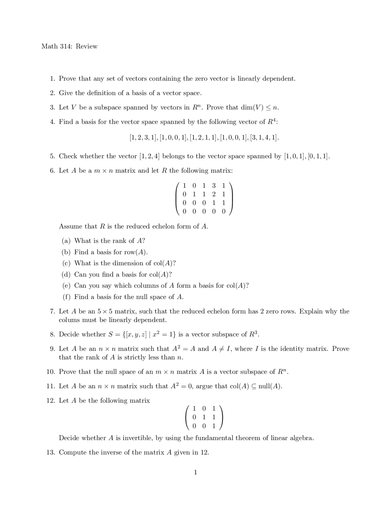 Review Sheet For Applied Linear Algebra Matrix Theory Math 314 Docsity