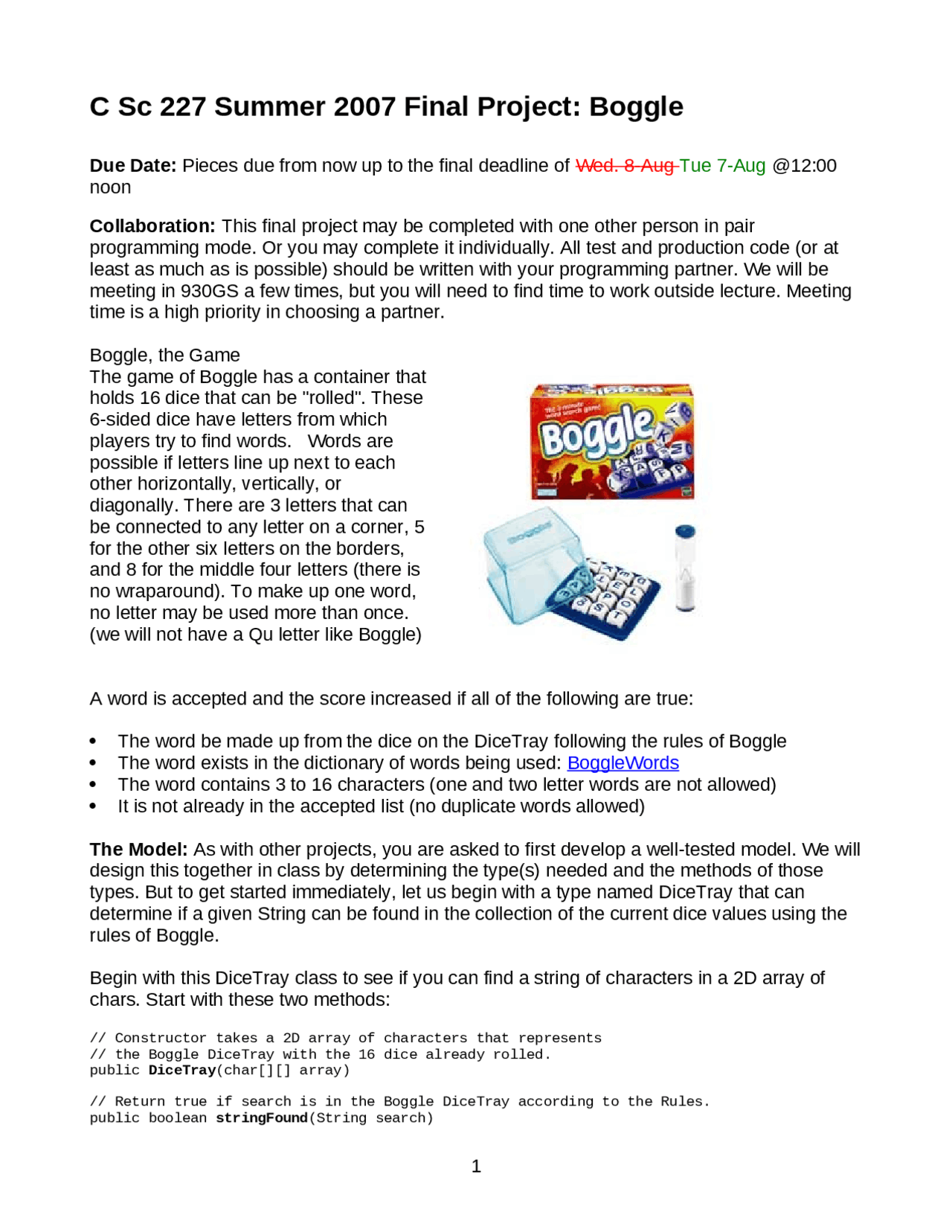 Final Project Boggle Summer 2007 C Sc 227 Docsity