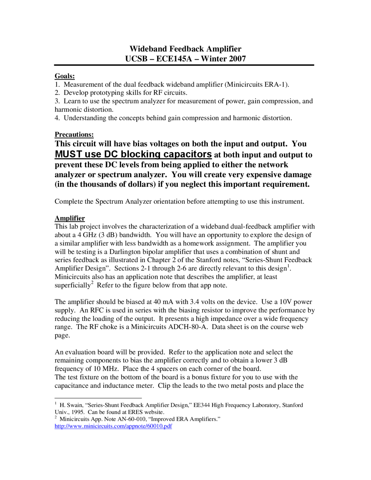 Lab 2 For Wideband Feedback Amplifier Fall 2007 Ece 218a Docsity