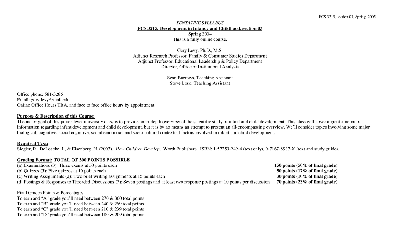 Infant and Child Development: FCS 3215 Syllabus, Spring 2005 | Exams ...