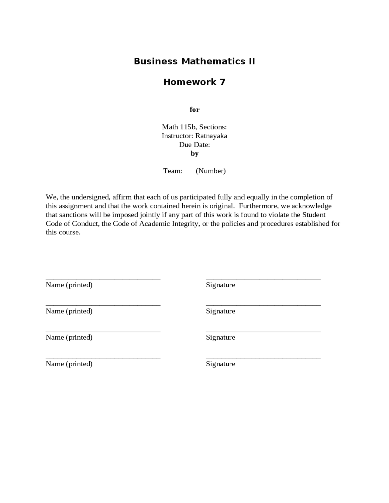 Homework With 10 Problems Business Mathematics Ii Math 115b Docsity