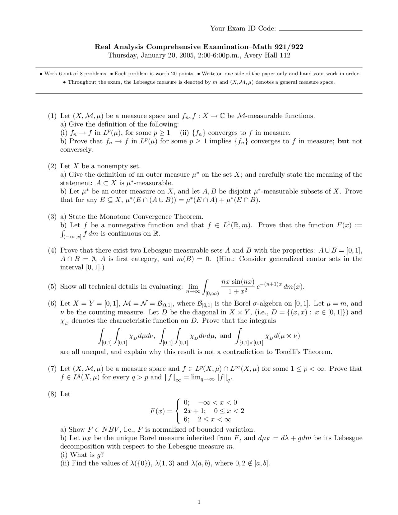 Comprehensive Exam Real Analysis I Math 921 Docsity