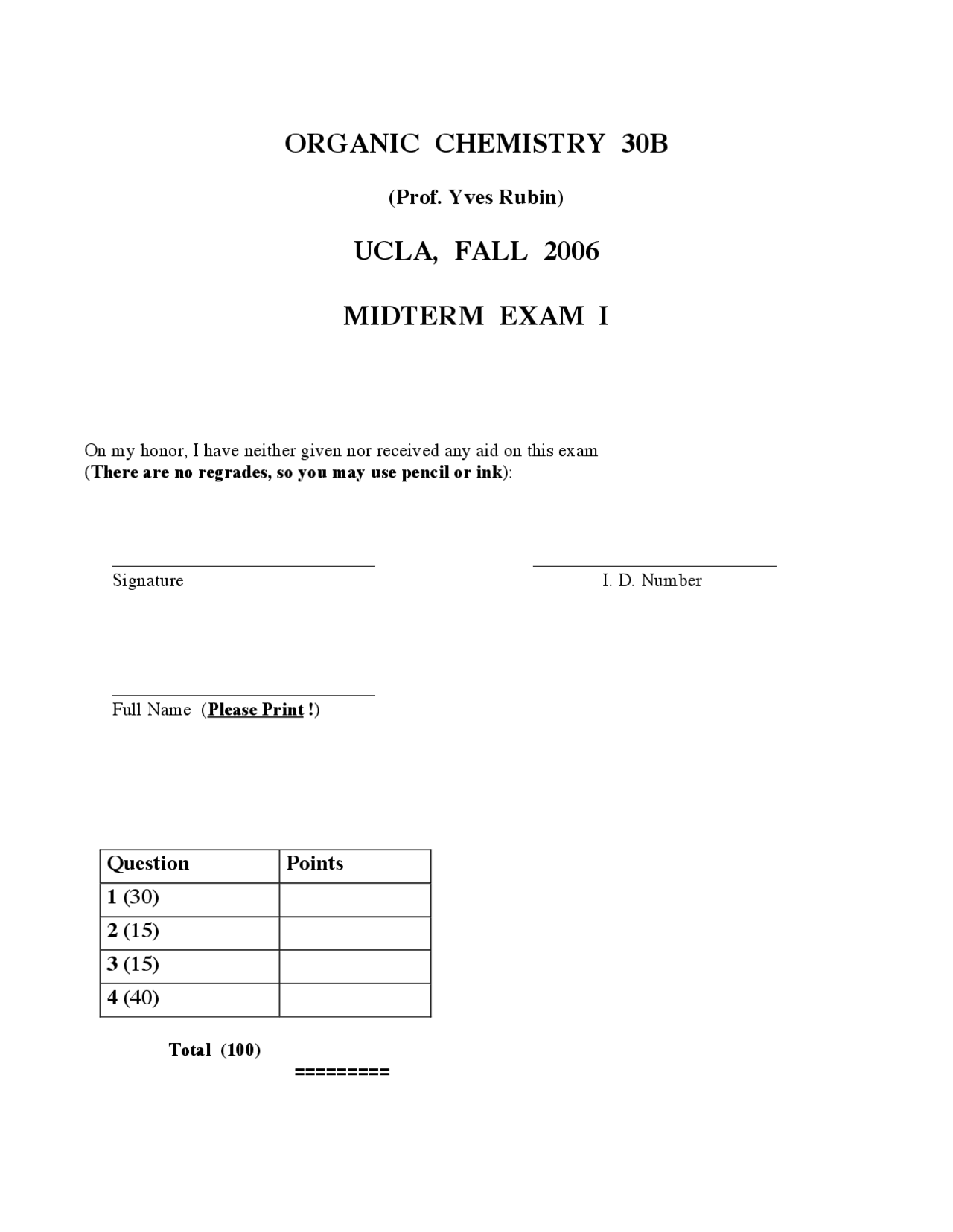 4 Questions On Organic Chemistry Ii Midterm Exam 1 Chem 30b Docsity