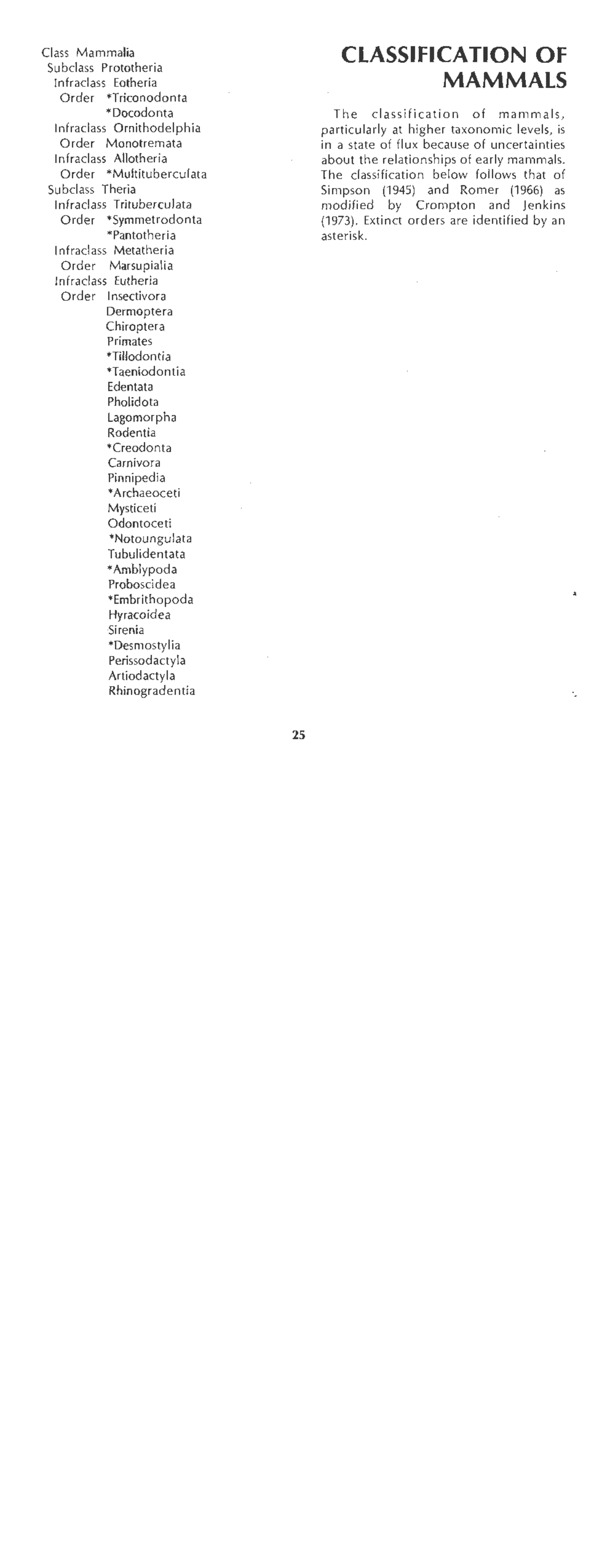 Classification Of Mammals Mammalogy Handout Ecol 485 Docsity