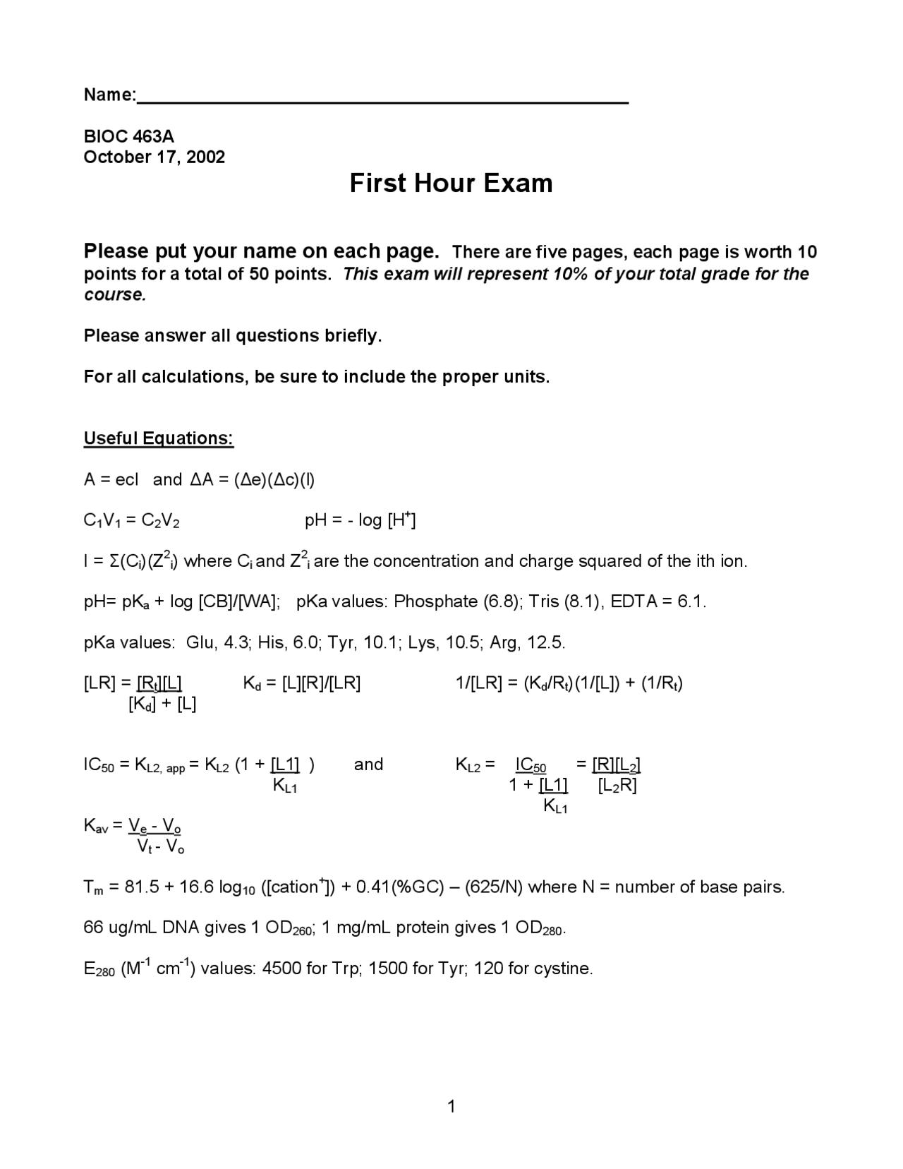 Solutions To First Exam Biochemical Laboratory Techniques Bioc 463a