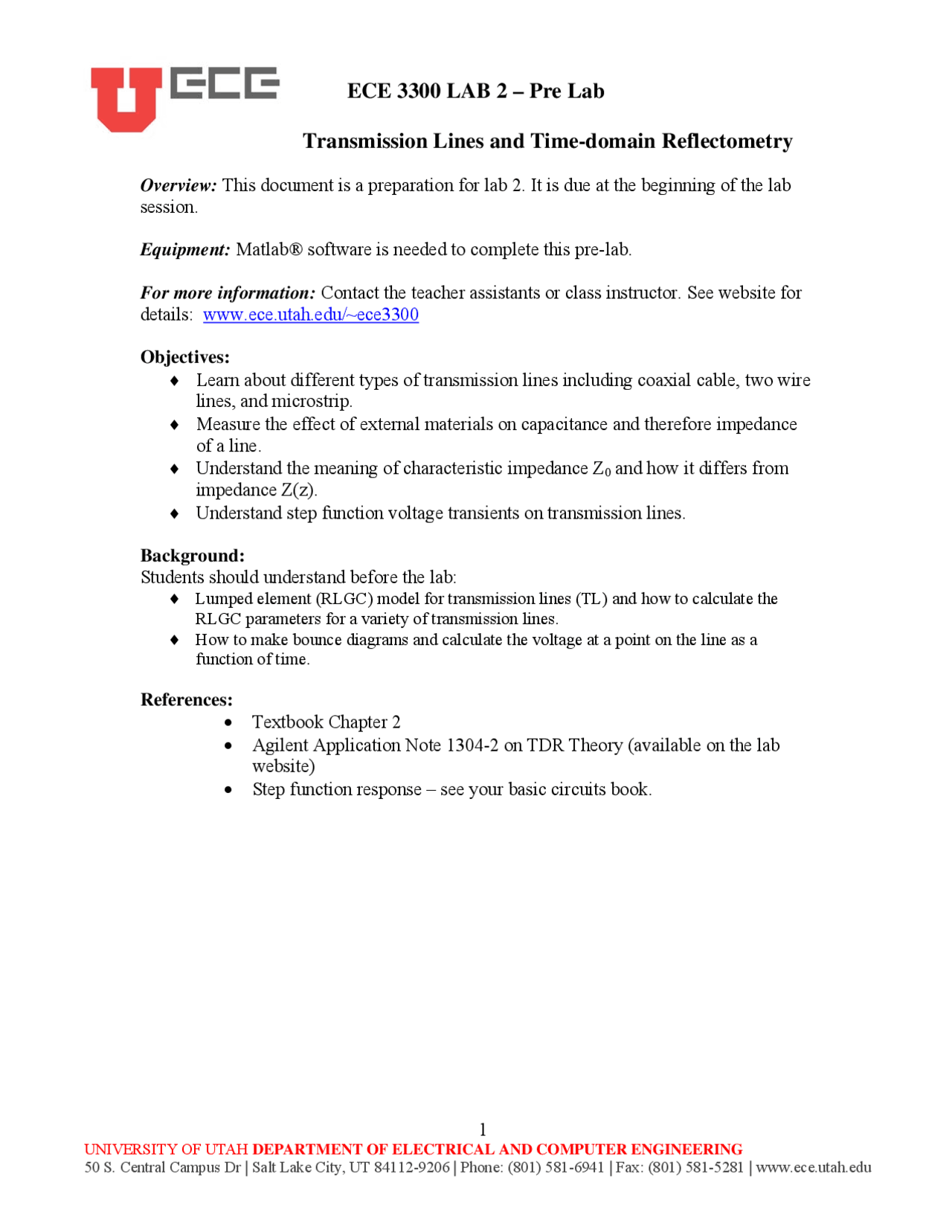 Transmission Lines And Time Domain Reflectometry Prelab Ece 3300