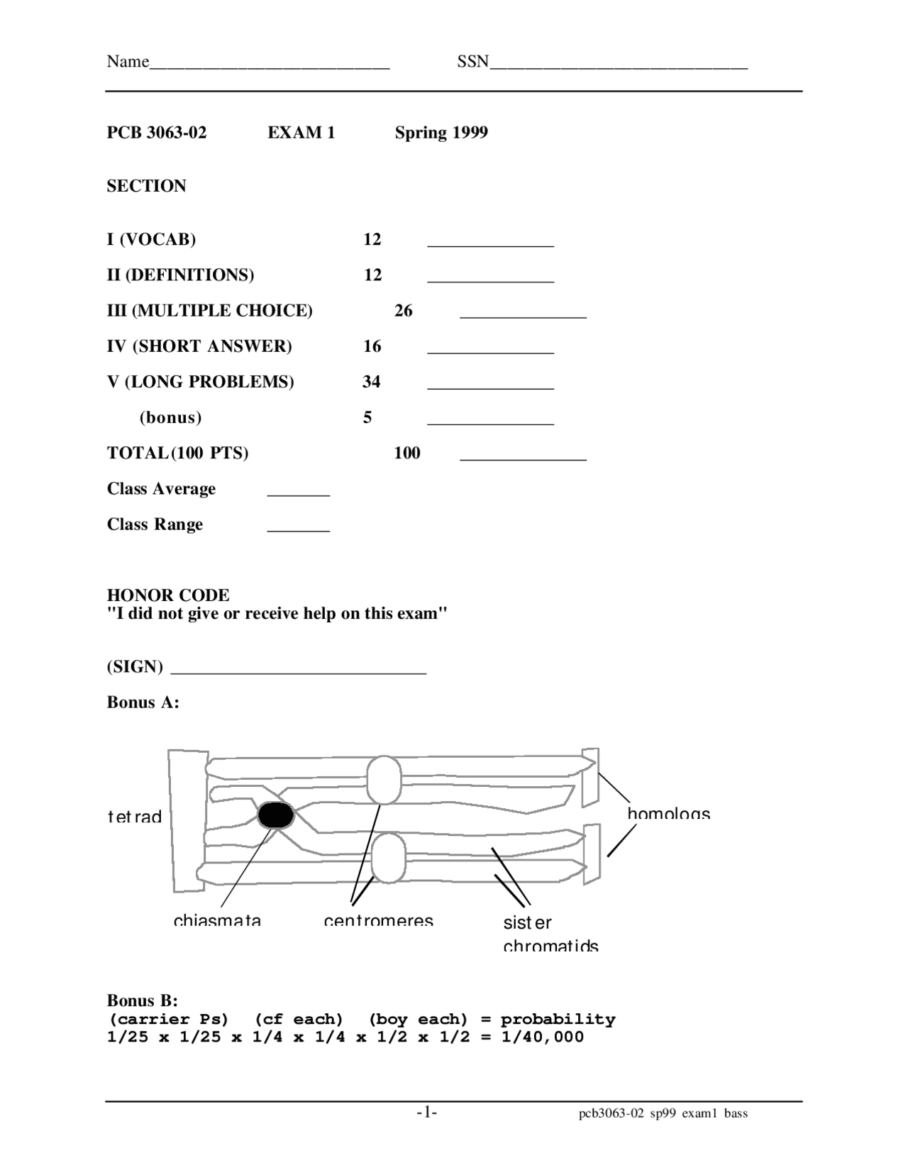 Objective Type Questions On General Genetics Examination 1 Pcb 3063
