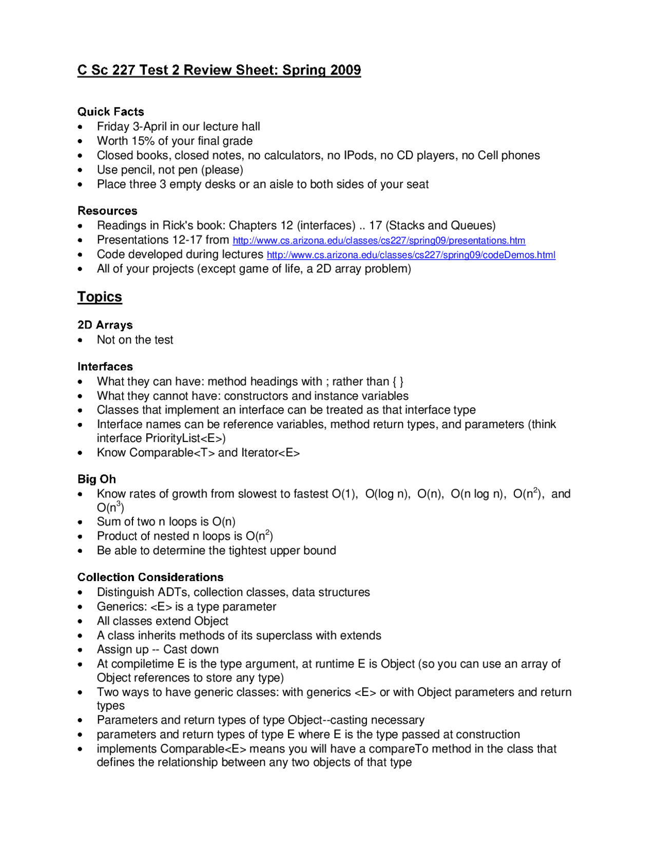 Test 2 Review Sheet Full Course Title Program Design And Development C Sc 227 Docsity