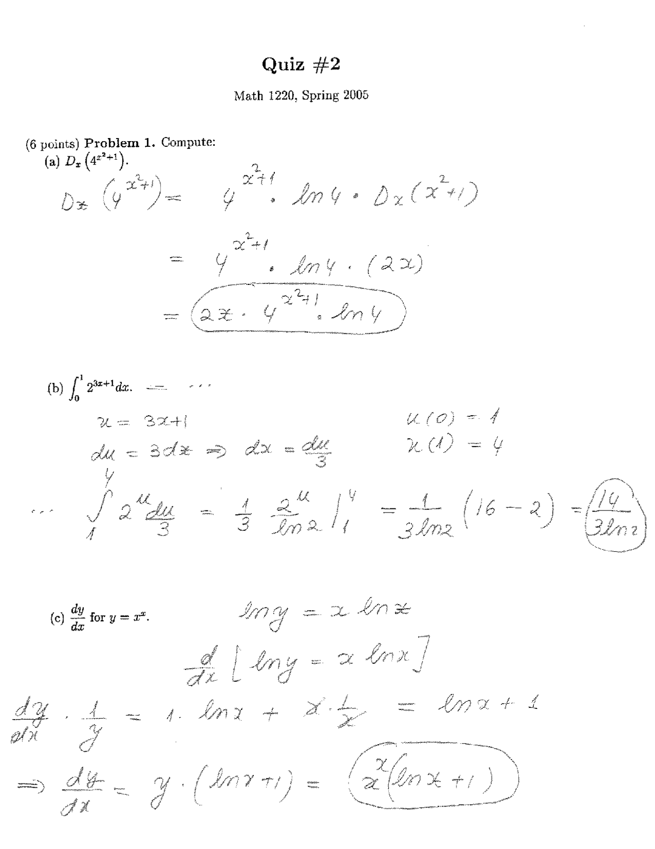Quiz 2 with Resolution - Calculus II - Spring 2005 | MATH 1220 | Quizzes Calculus | Docsity