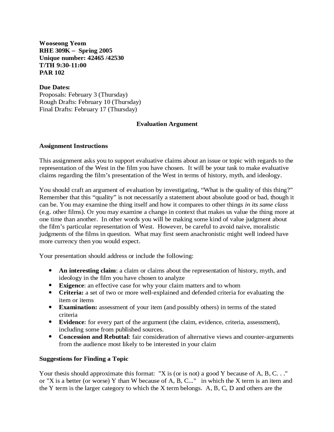 Evaluation Argument Assignment Instructions Rhe 309k Docsity