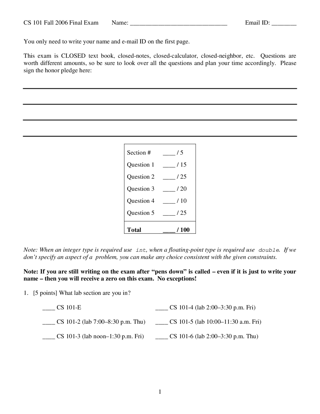 Final Exam Introduction To Information Technology Fall 2006 Cs
