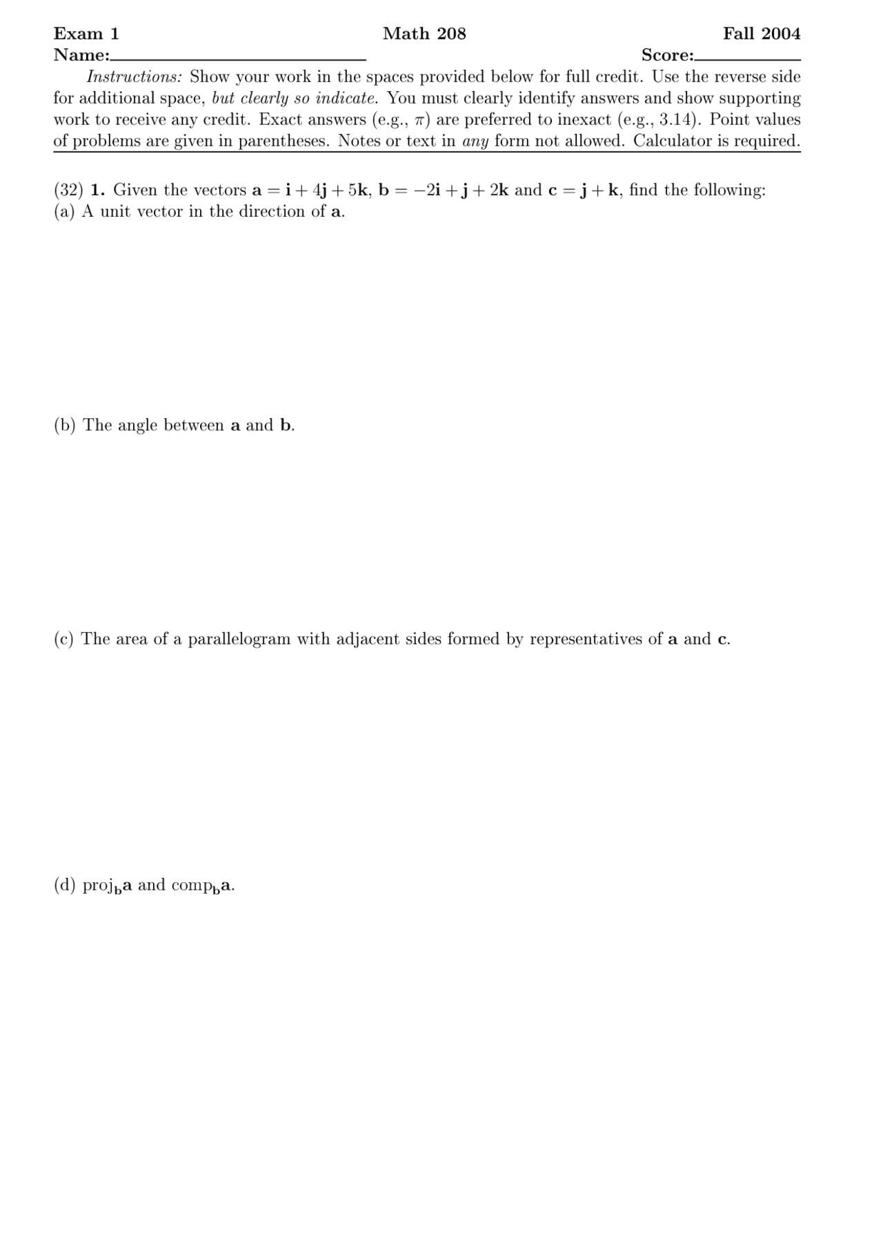 Find Unit Vector In Direction Exam 1 Analytical Geometry And Calculus