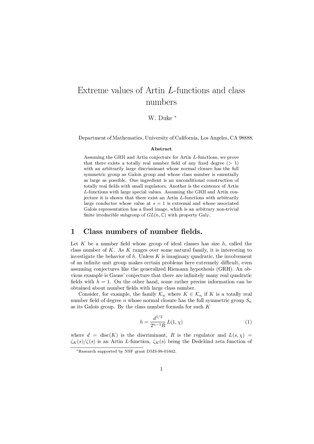 Extreme Values Of Artin L Functions And Class Numbers Math 0209a