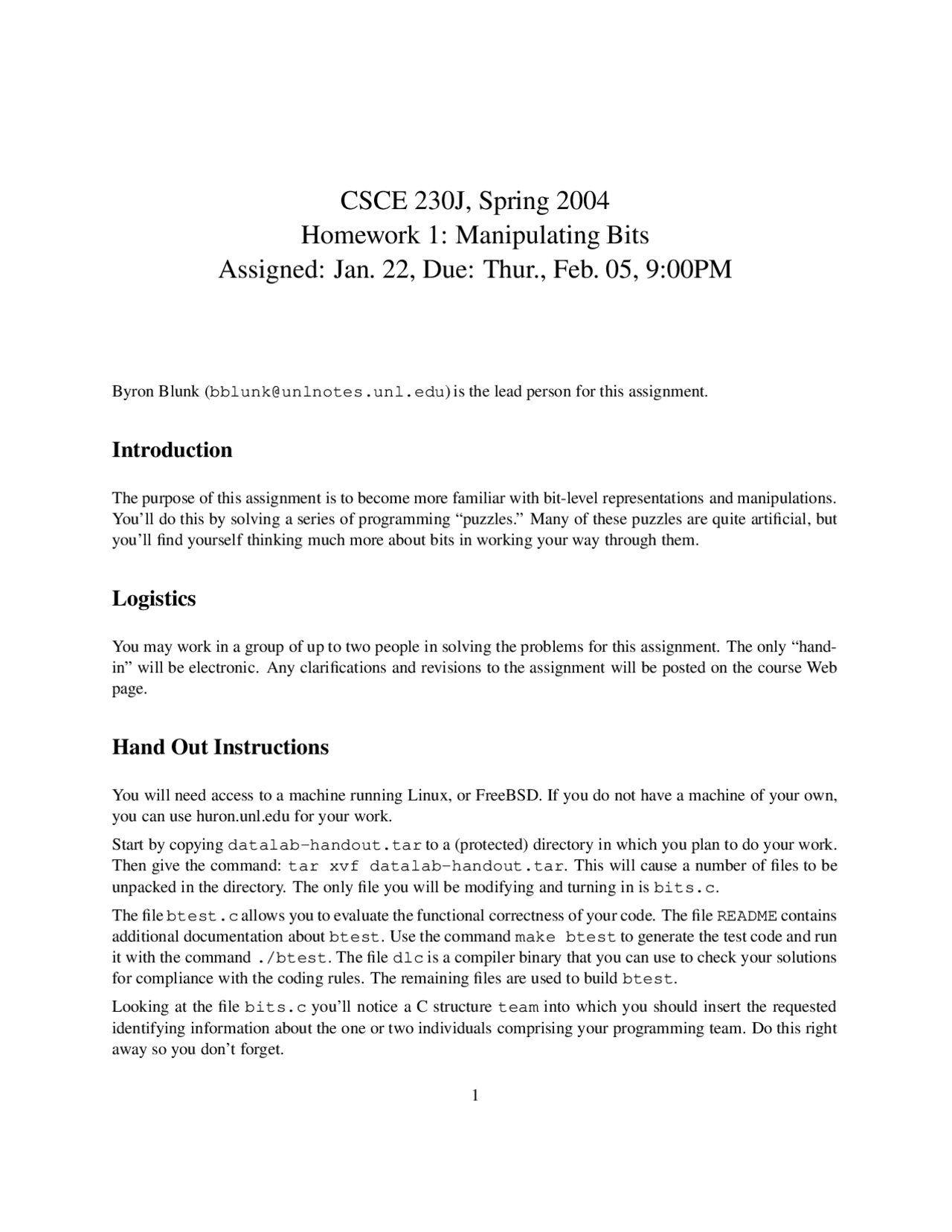 Computer Organization Homework 1 Manipulating Bits Csce 230 Docsity