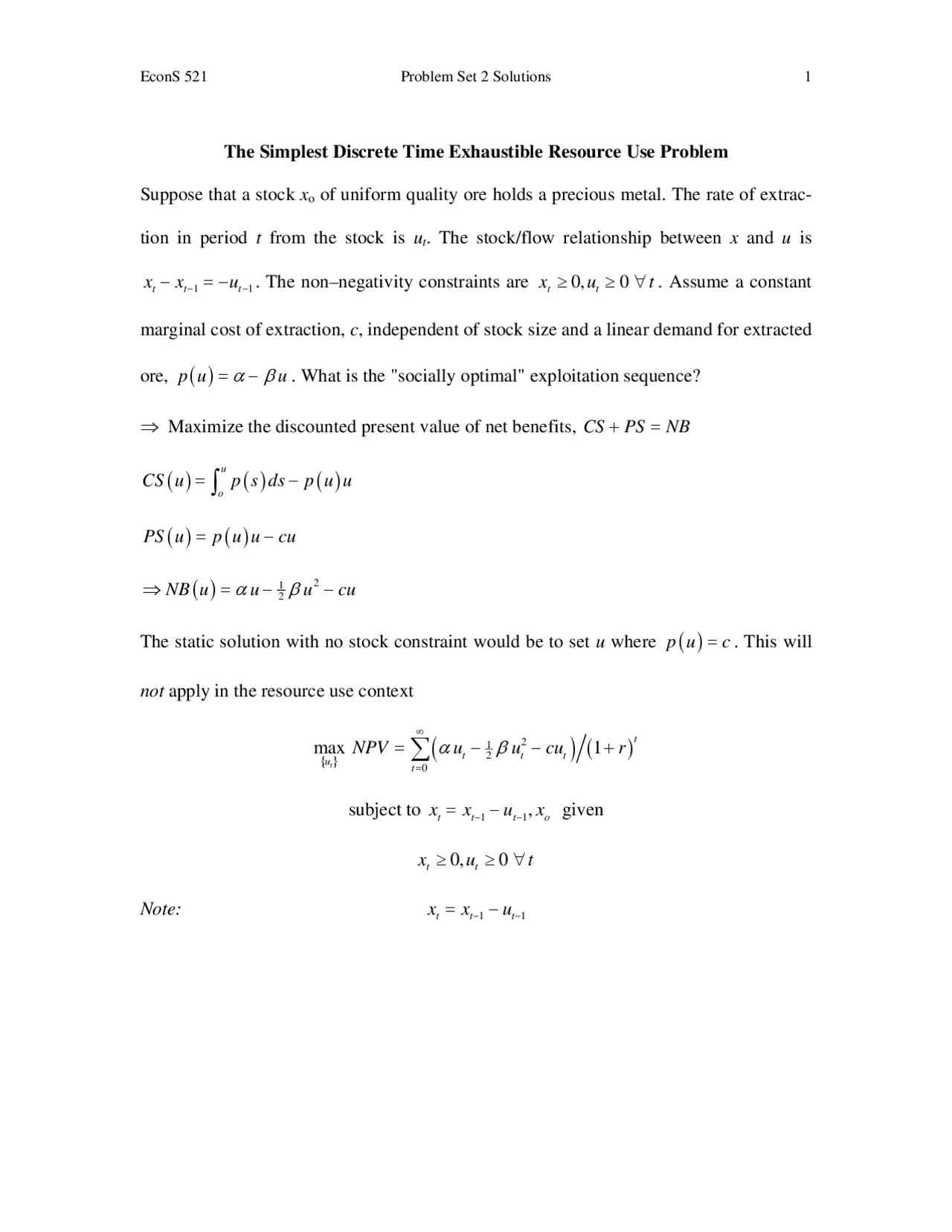 Simplest Discrete Time for Exhaustible Resources - Assignment 2 | EconS 521 - Docsity