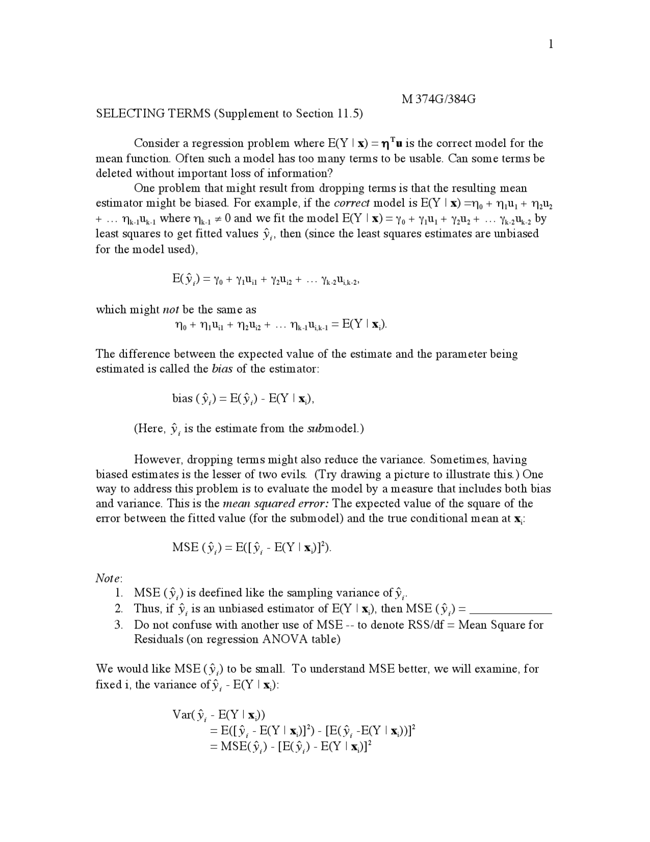Exam Review Notes For Linear Regression Analysis M 374g Docsity