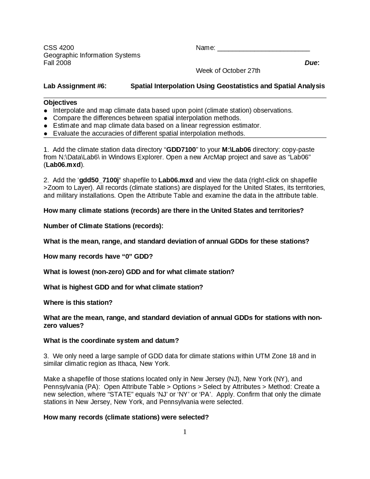 Spatial Interpolation Using Geostatistics And 15 Questions Css 4200