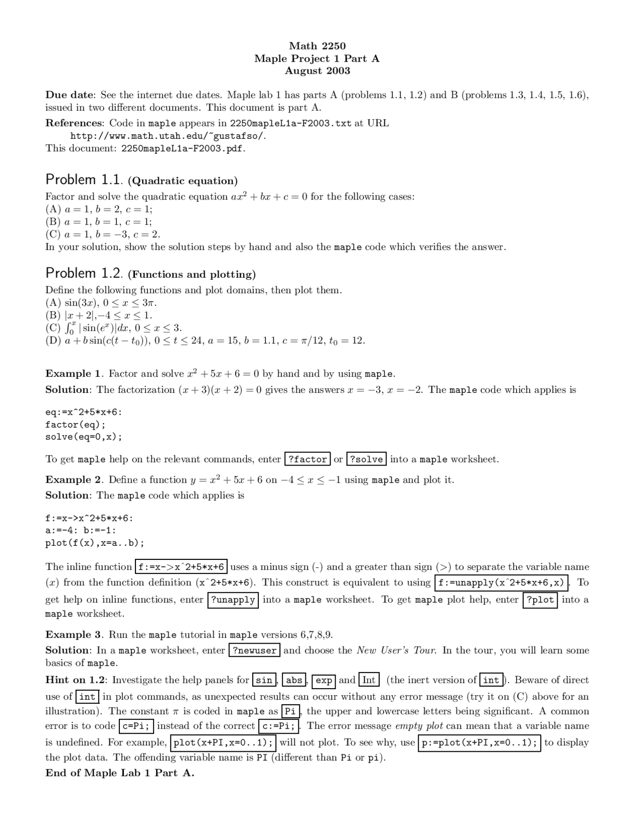 Linear Algebra And Differential Algebra Maple Project 1 Part A Key