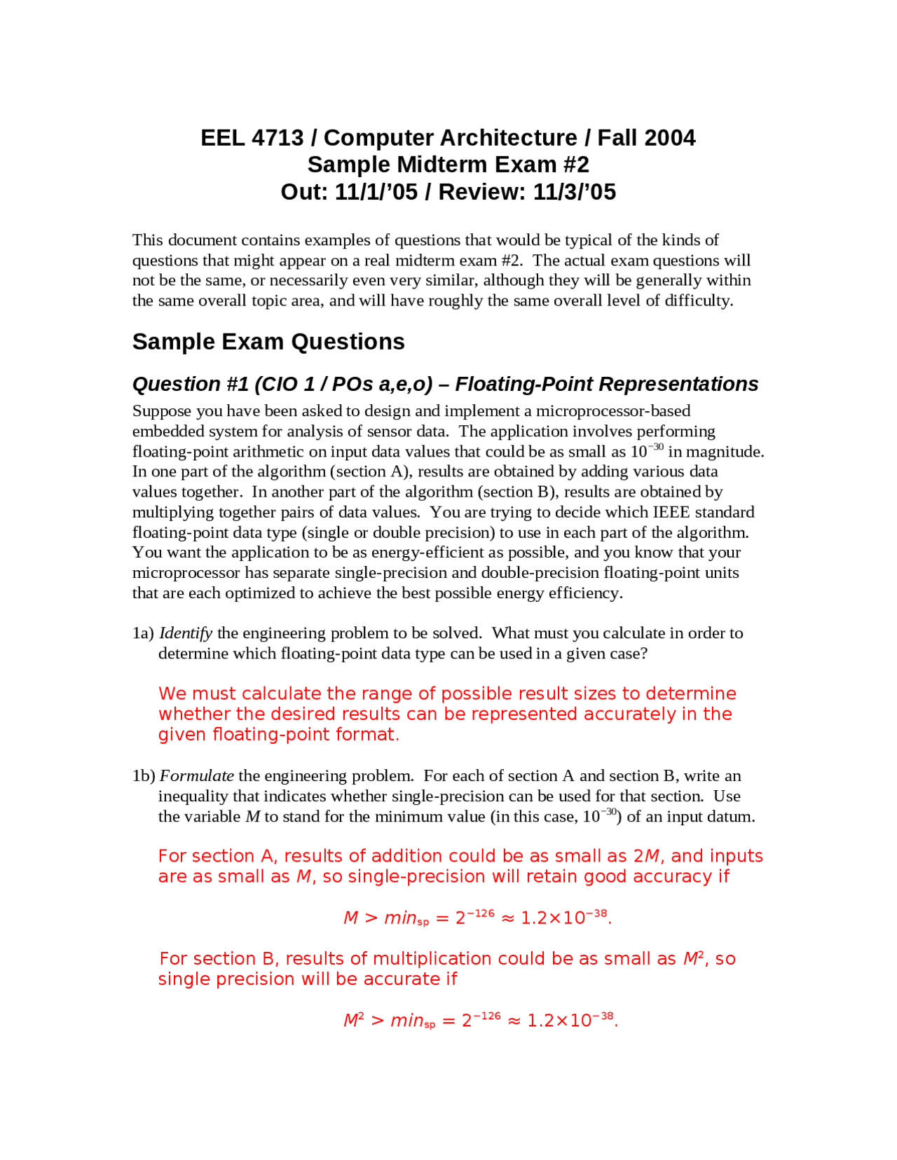Sample Exam Questions Midterm Computer Architecture Eel 4713 Docsity