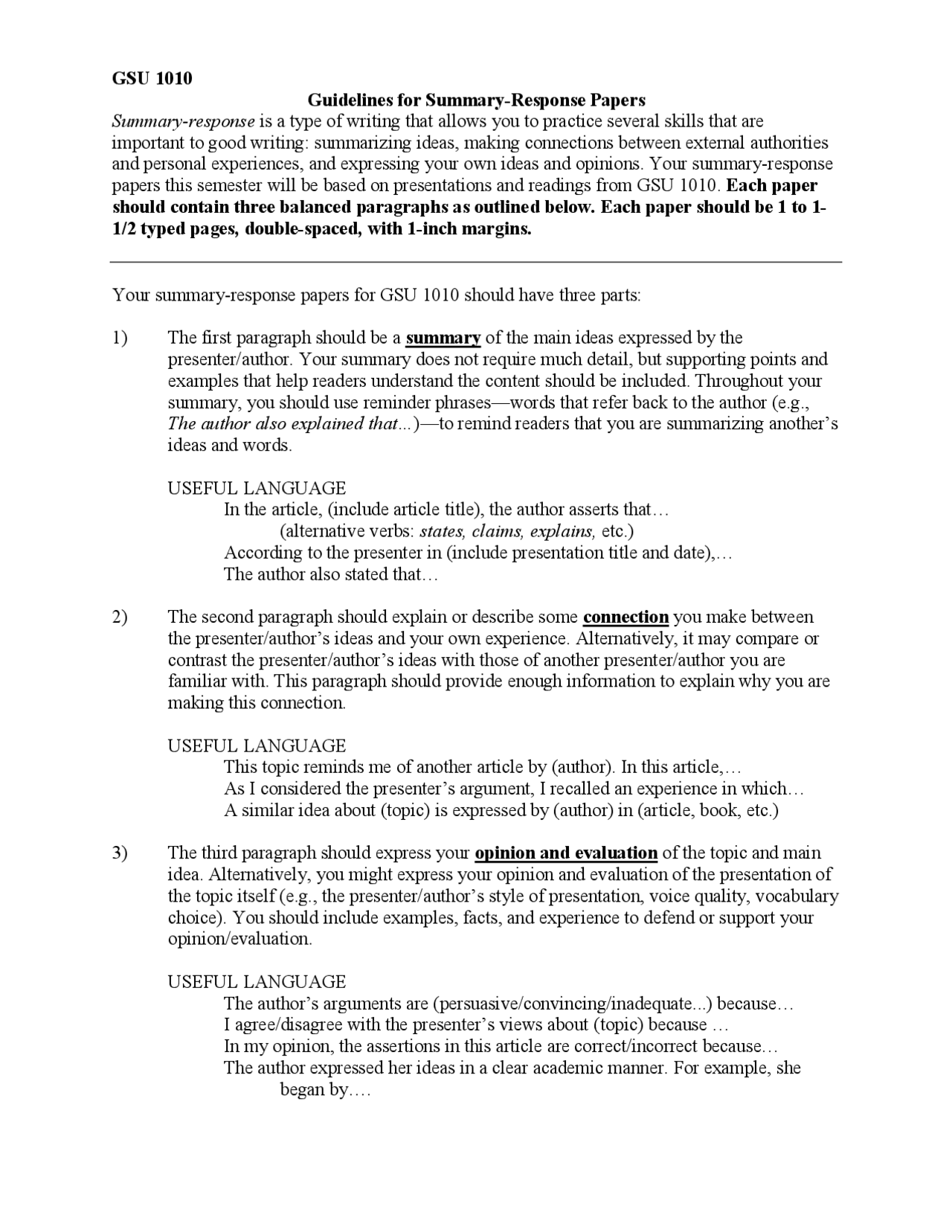 Guidelines for Writing Summary-Response Papers in GSU 1010 | Papers ...