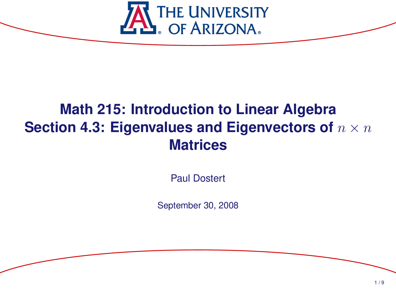 Eigenvalues And Eigenvectors Of Matrices Lecture Slides Math 215