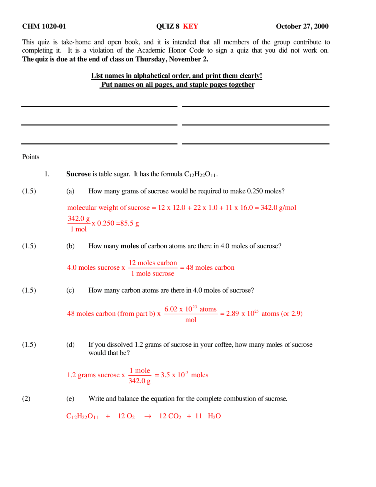 Quiz 8 Solutions - Introduction to Chemistry | CHM 1020 - Docsity