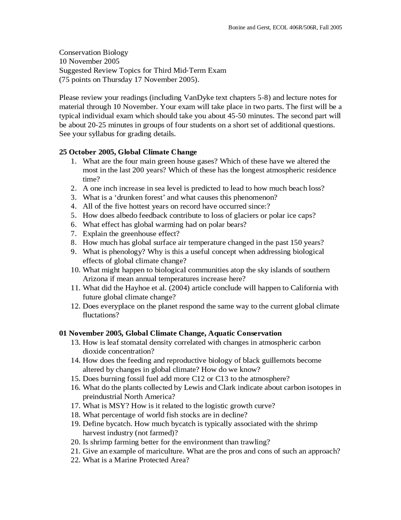 Review Sheet For Third Midterm Exam Conservation Biology Ecol 406r