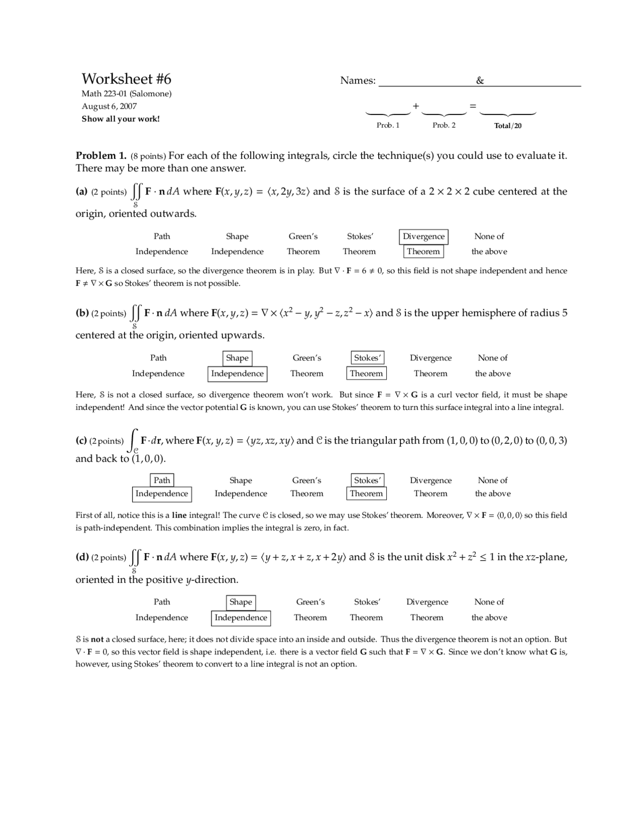 Vector Calculus 2007 Worksheet 6 Math 223 Docsity