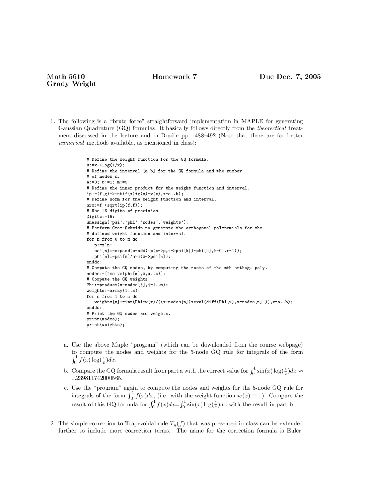 Homework 7 Introduction To Numerical Analysis I Math 5610 Docsity