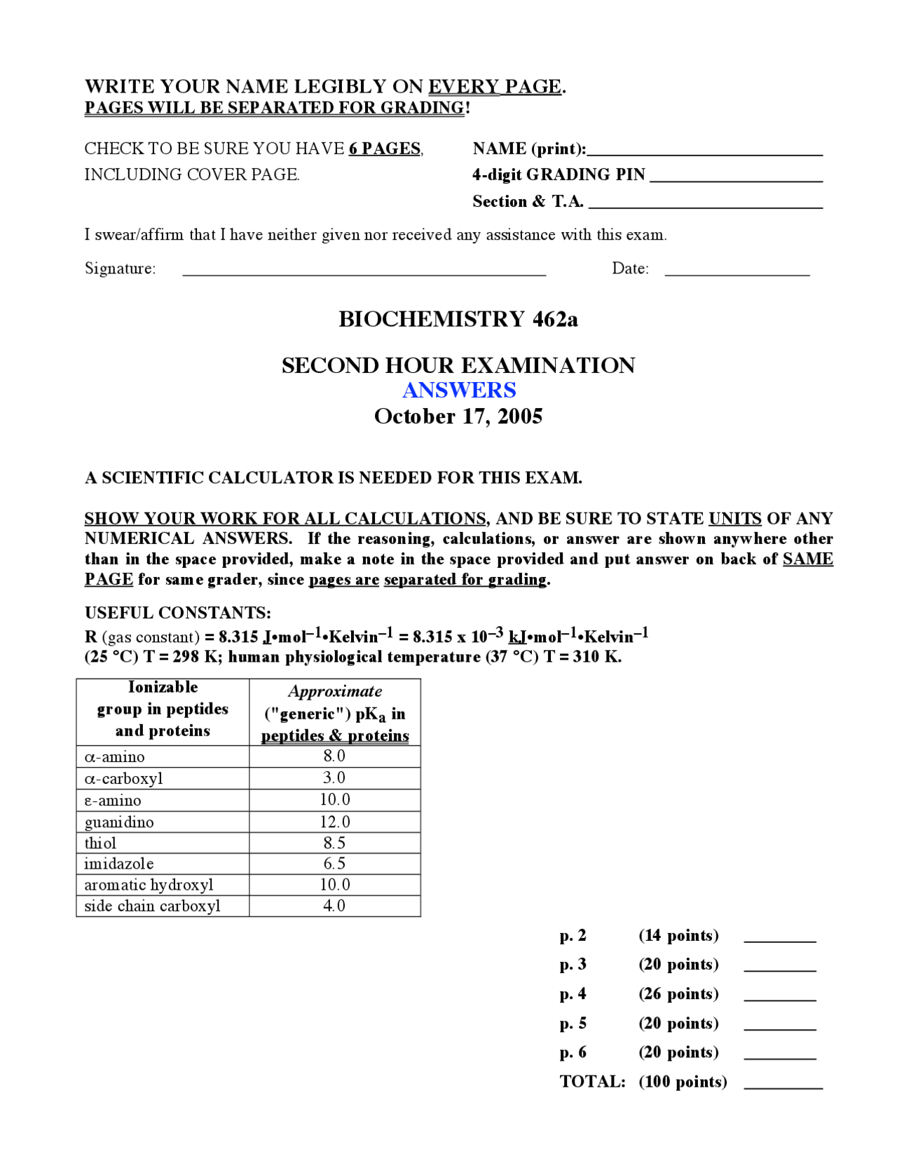 Exam 2 Solved Questions Of Biochemistry Fall 2005 Bioc 462a Docsity