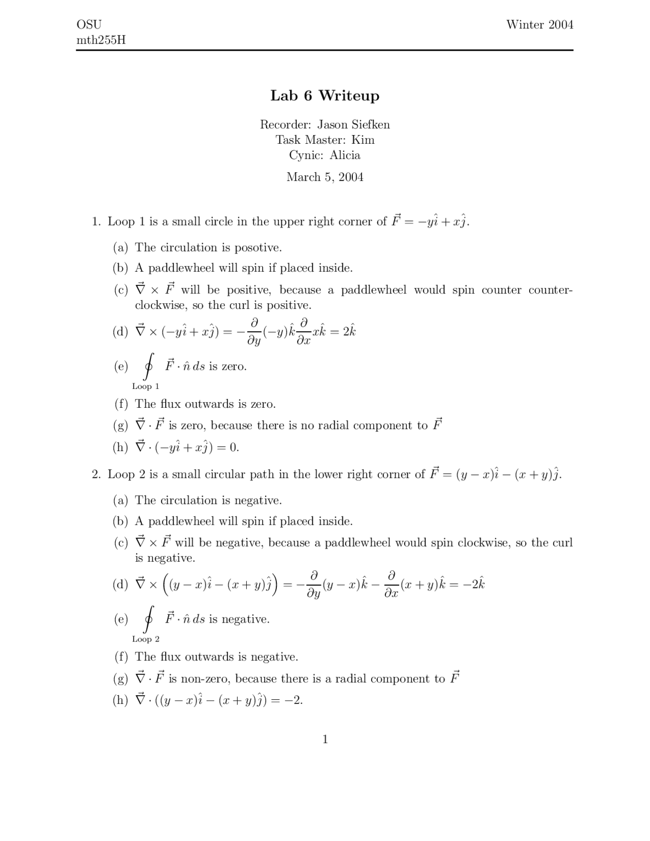 Vector Calculus Ii Lab 6 Questions Mth 255 Docsity
