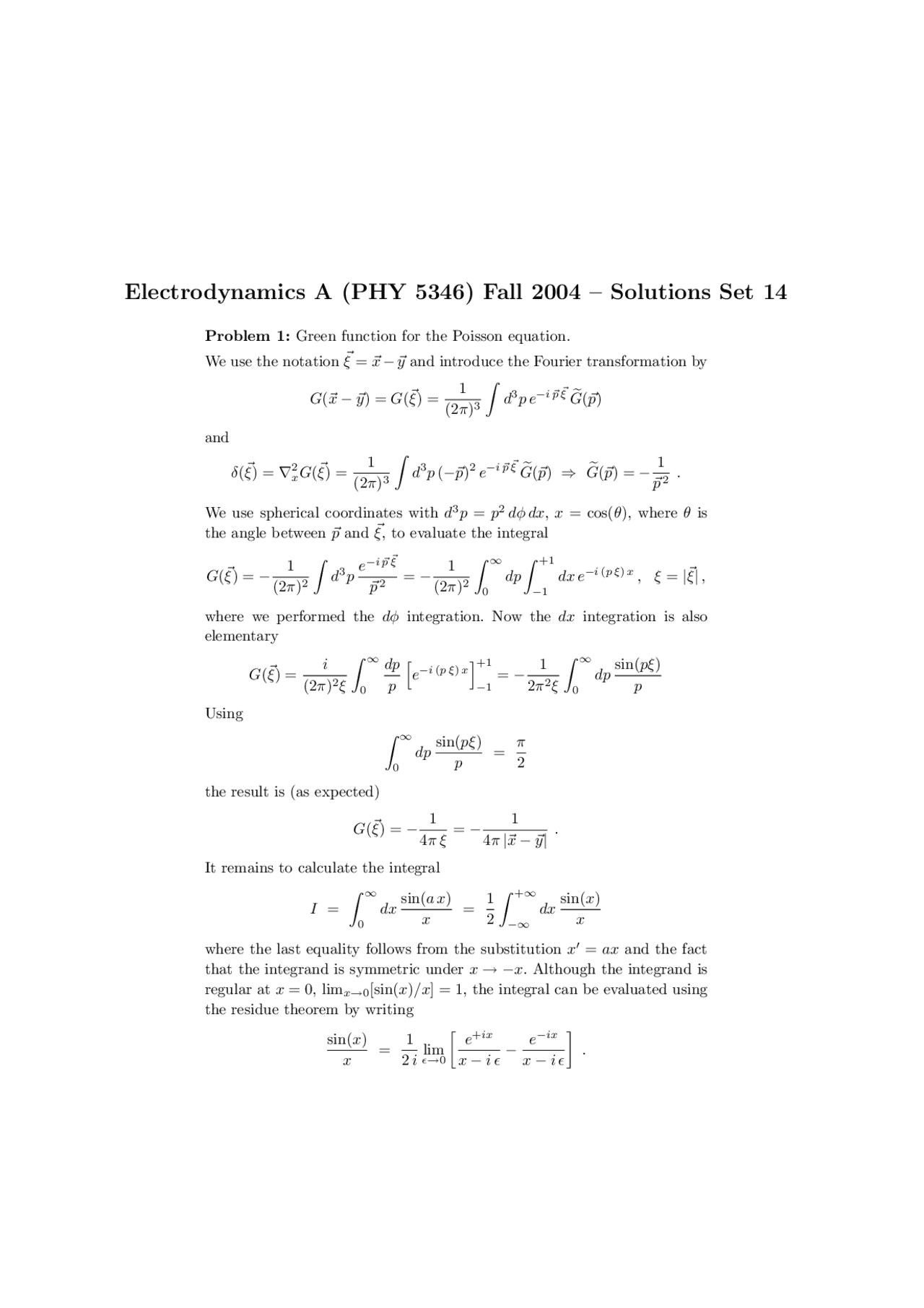 Electrodynamics A - Solutions Set 14 | PHY 5346 | Assignments Physics | Docsity