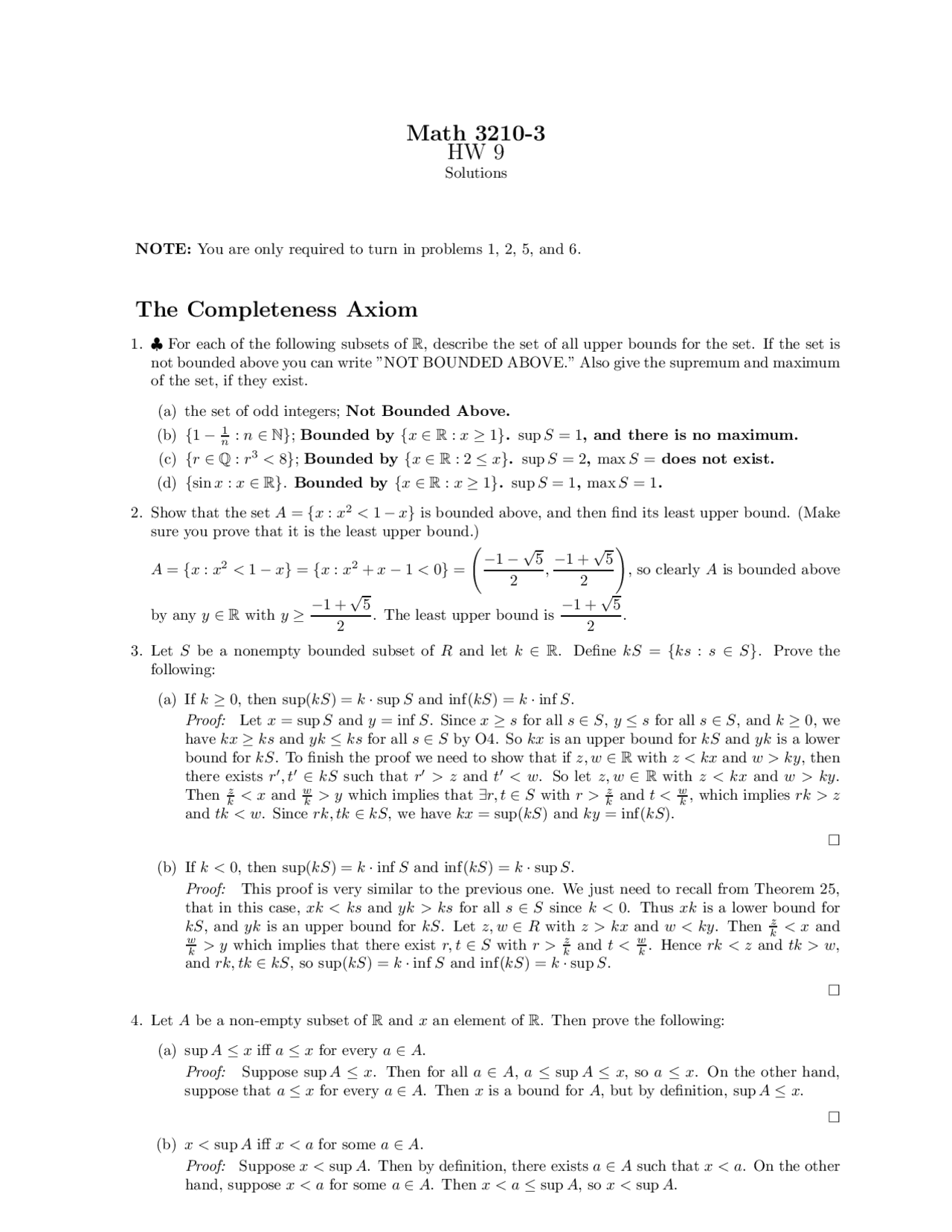 Math 3210 3 Homework 9 Supremum And Inferiority Axioms Assignments