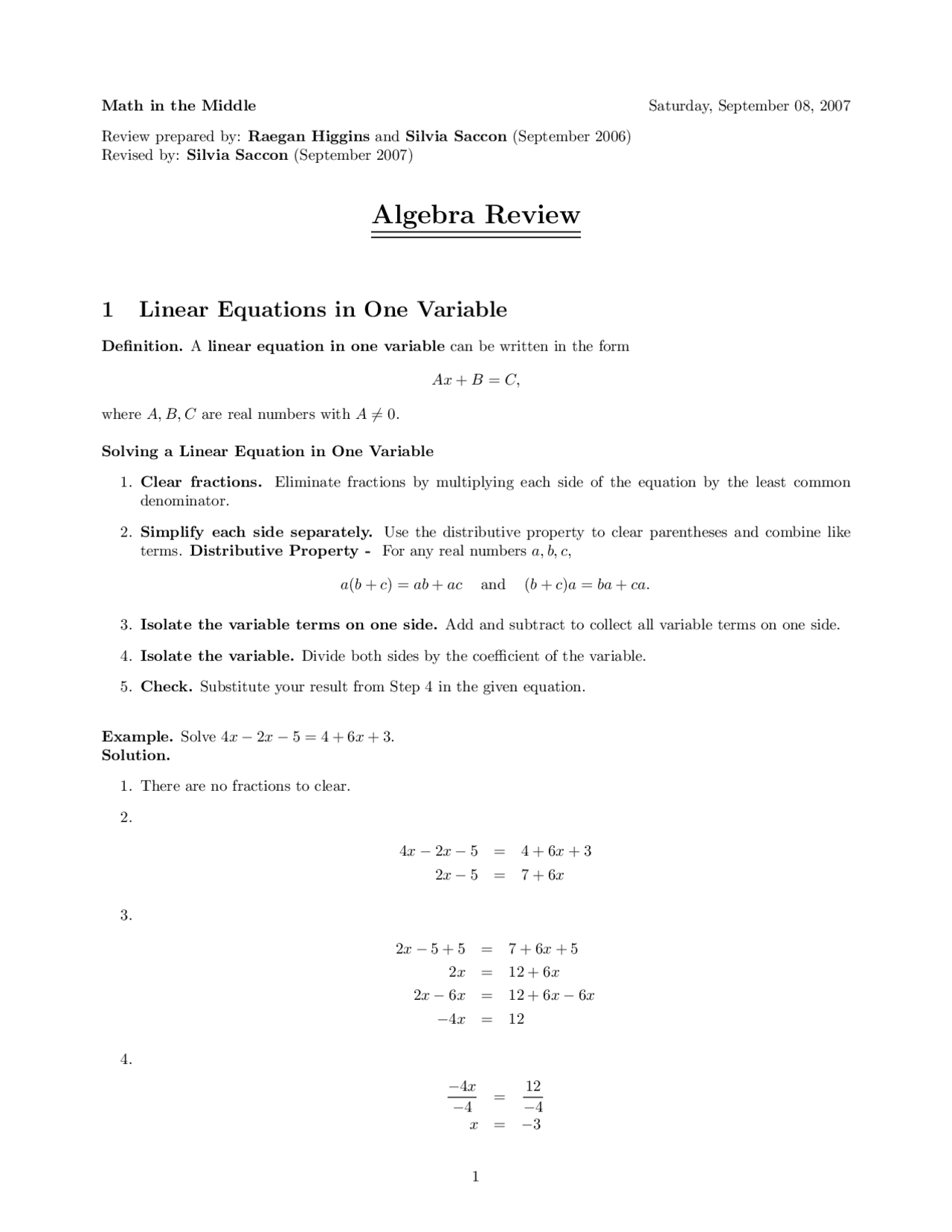 Algebra Review Sheet - Survey Sampling | STAT 804 - Docsity