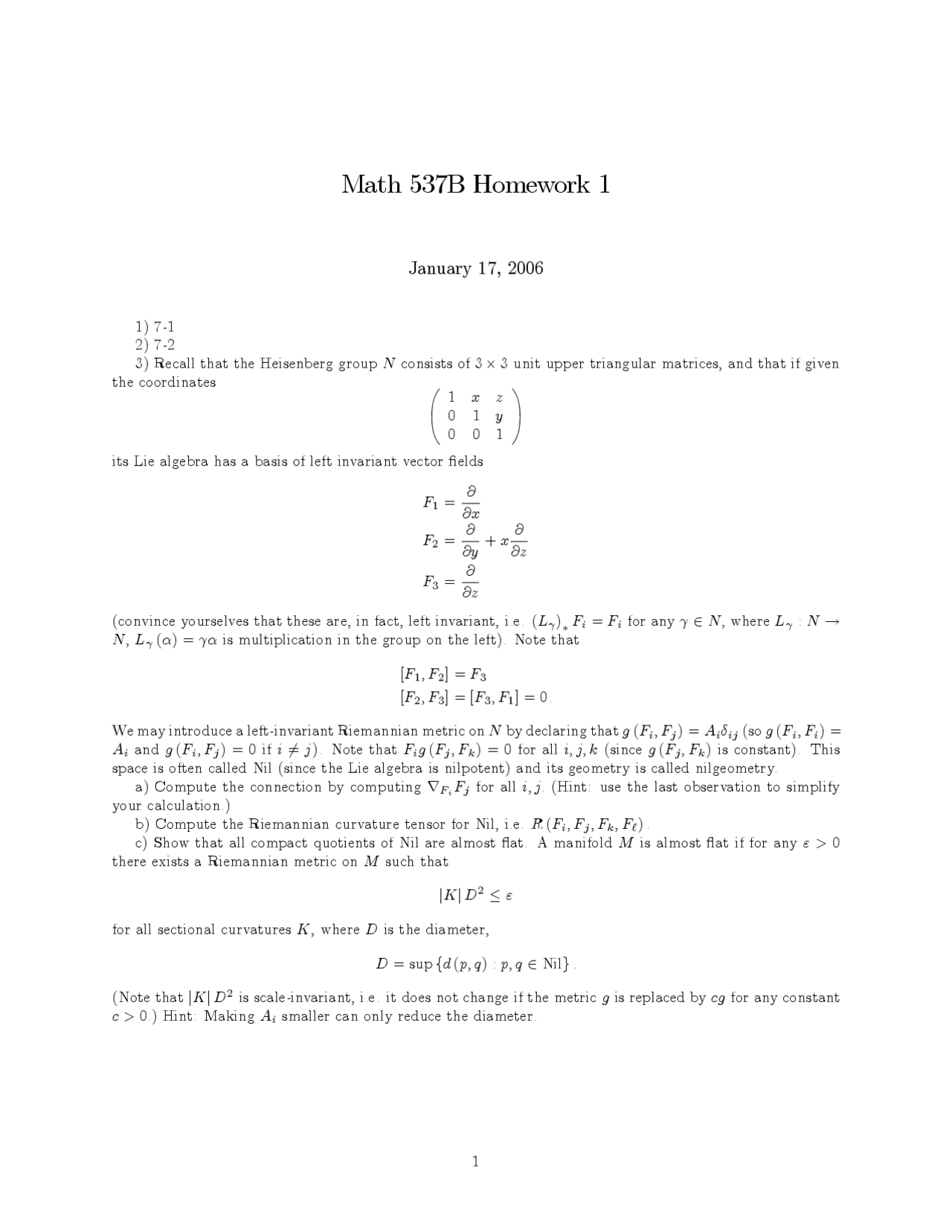 Global Differential Geometry Homework 1 Math 537a Docsity