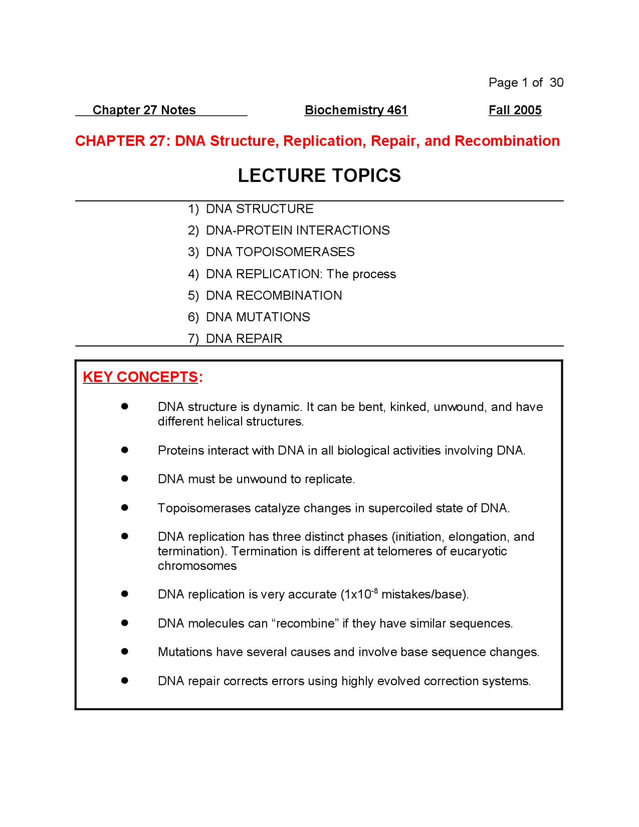 Dna Structure Replication Repair And Recombination Notes Bioc 461