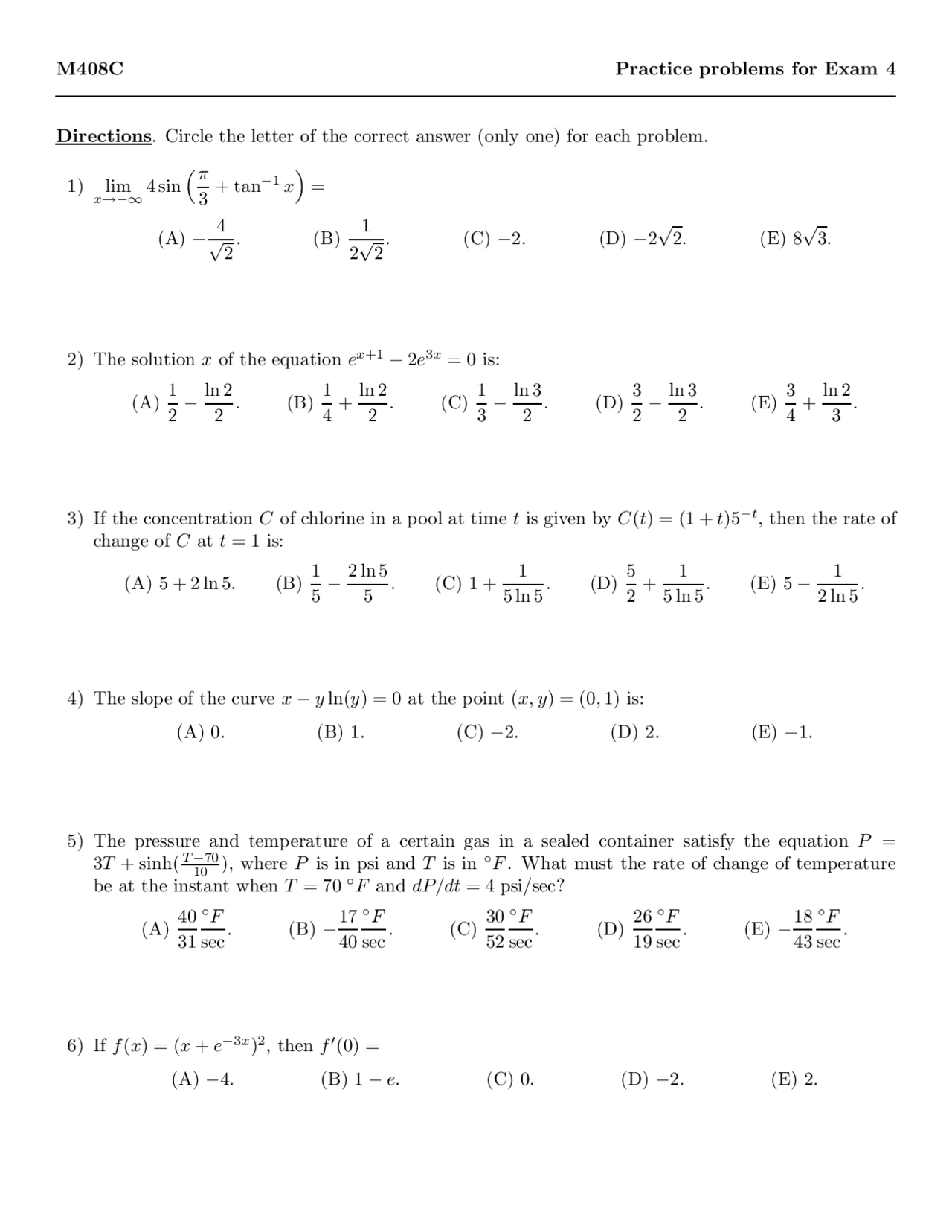 Differential and Integral Calculus - Exam 4 Practice Problems | M 408C - Docsity