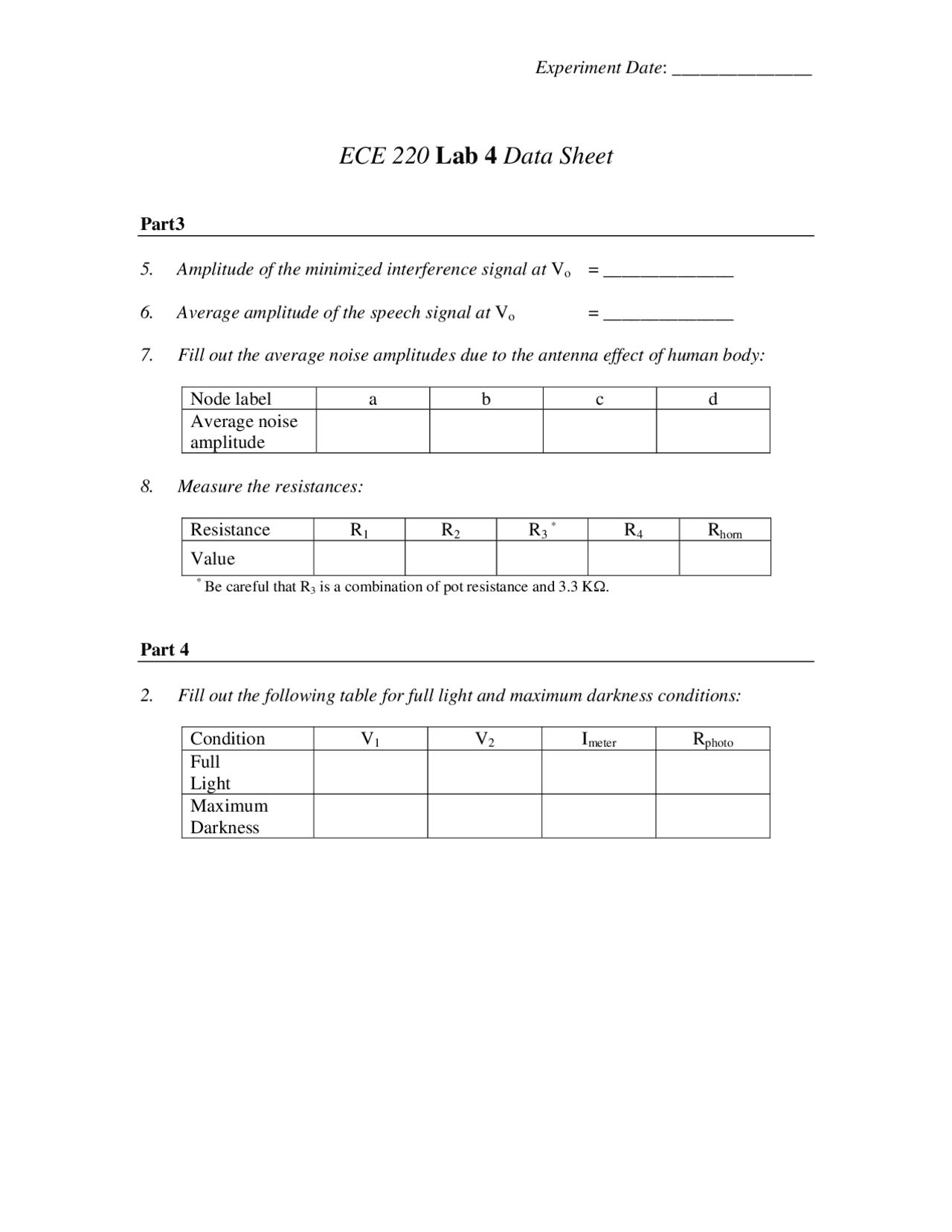 Laboratory 4: Data Sheet - Basic Circuits | ECE 220 - Docsity