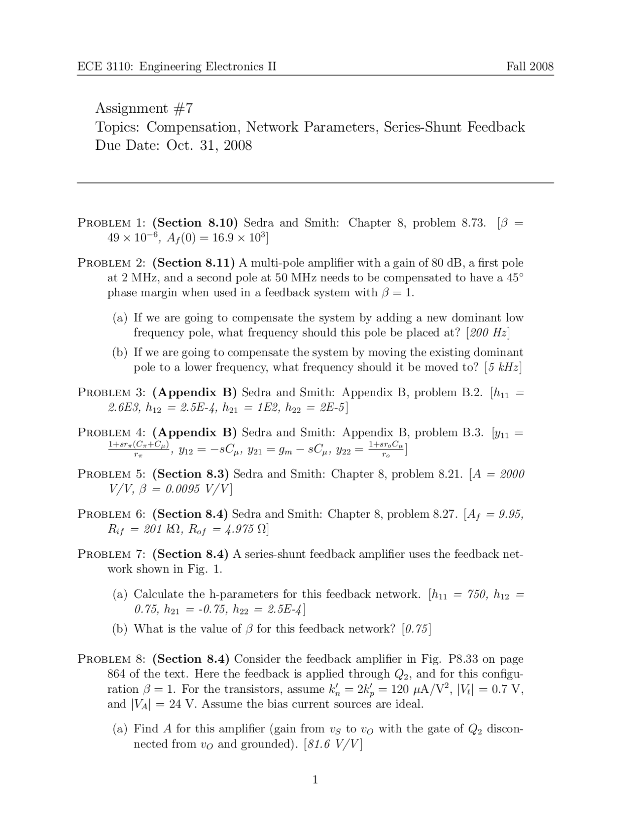 Homework 7 Compensation Network Parameters Series Shunt Feedback