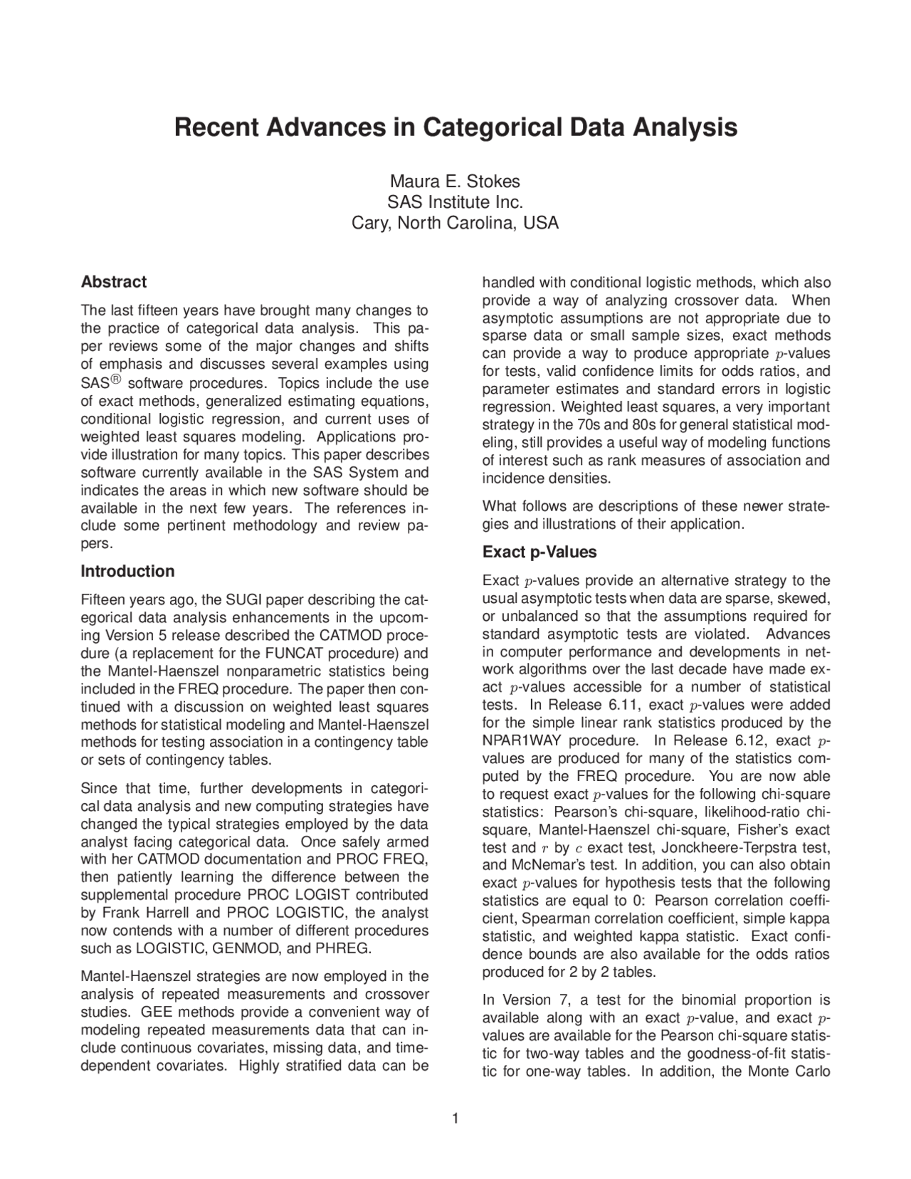 Advancements in Categorical Data Analysis: Exact Methods, GEE, and ...