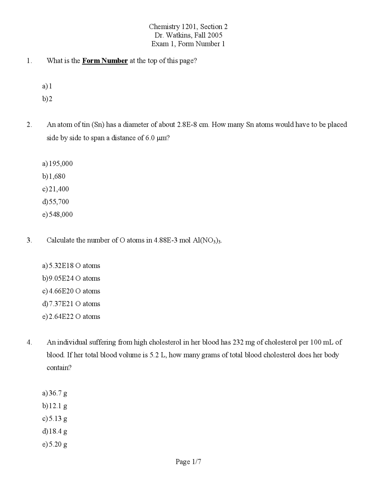 Practice Questions On General Chemistry I Exam 1 Chem 1201 Docsity