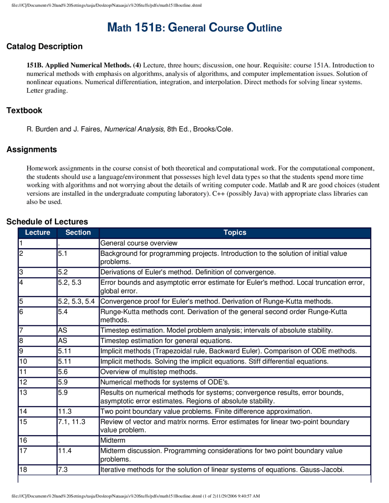 General Course Outline Applied Numerical Methods Math 151a Docsity 