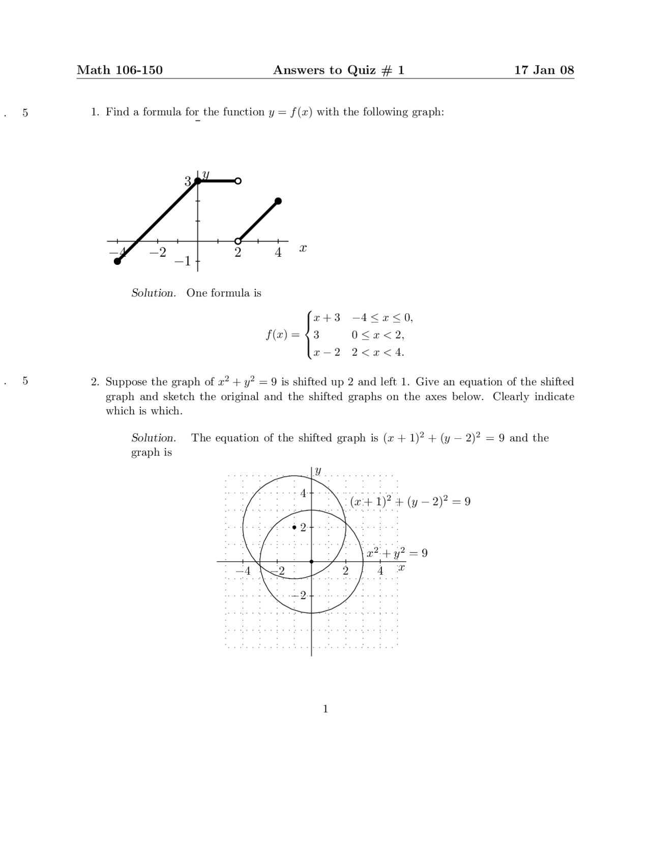 Answer To Quiz 1 Analytical Geometry And Calculus I Math 106 Docsity